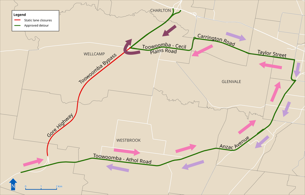 QLD: TWBA Bypass, Warrego Hwy-Fixed Lane closures to March 2026