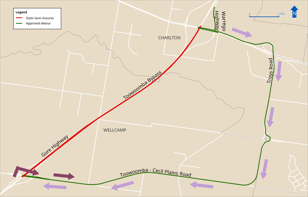 QLD: TWBA Bypass, Warrego Hwy-Fixed Lane closures to March 2026